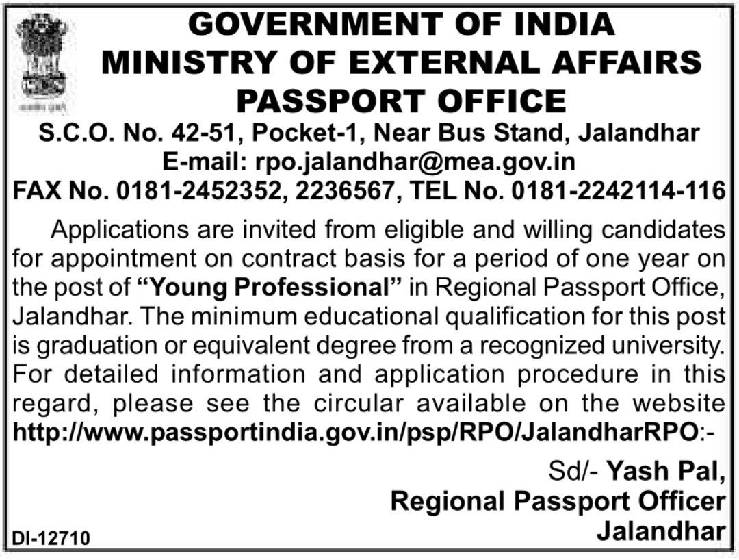 Passport Office Jalandhar Young Professional Post Form 2025