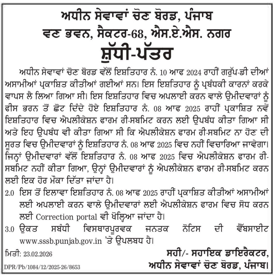 Punjab Sewadar Chowkidar Recruitment 2024